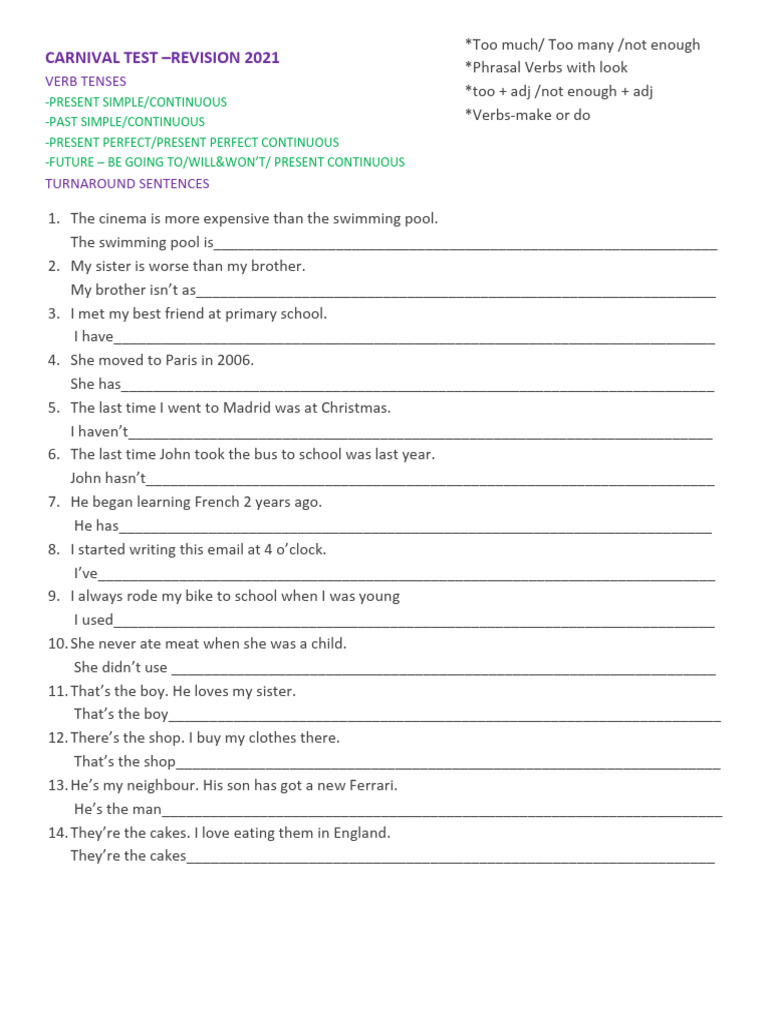 Carnival Test: Verb Tenses & Exercises | PDF | Linguistic Morphology ...