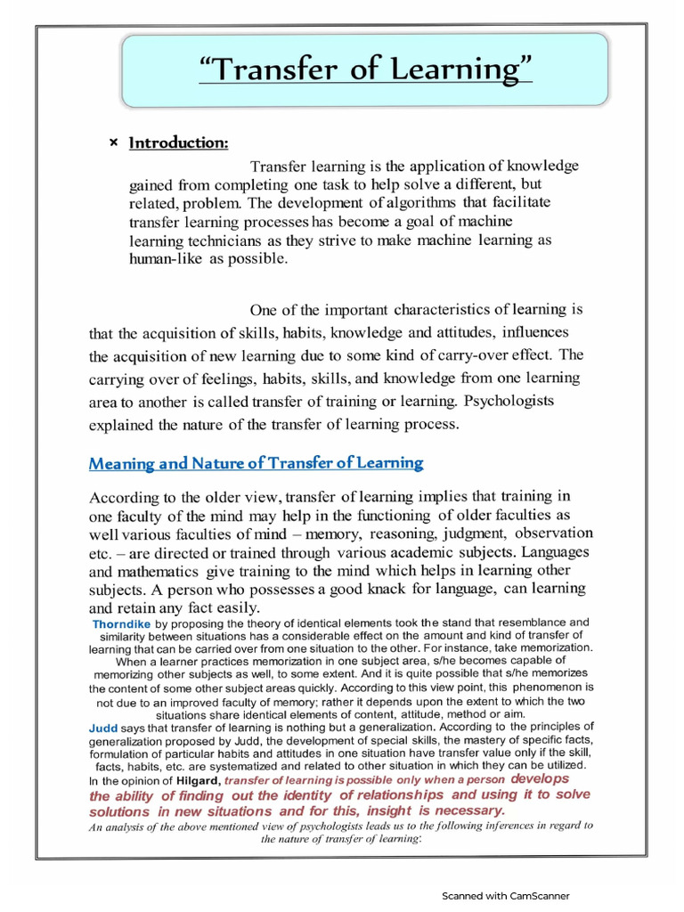 Transfer of Learning. Meaning and It's Different Types of Theories | PDF