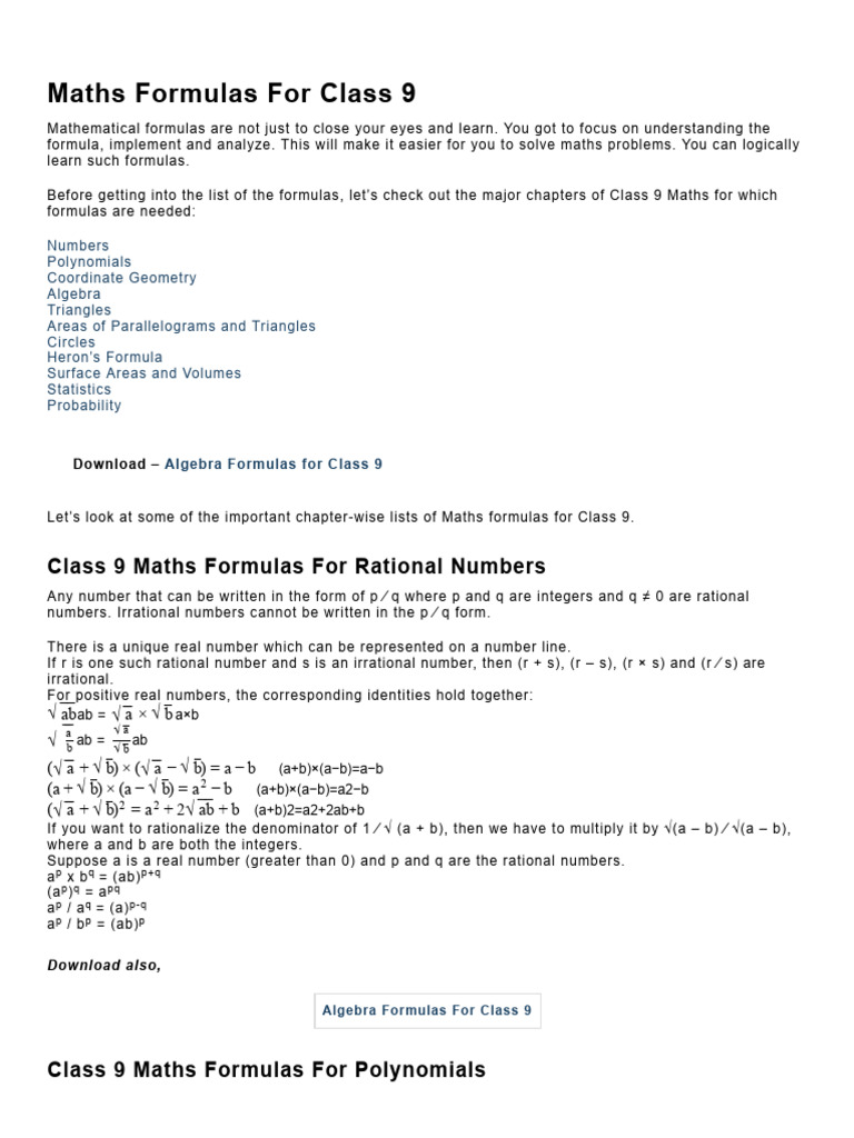 Maths Formulas For Class 9 | PDF | Cartesian Coordinate System | Polynomial