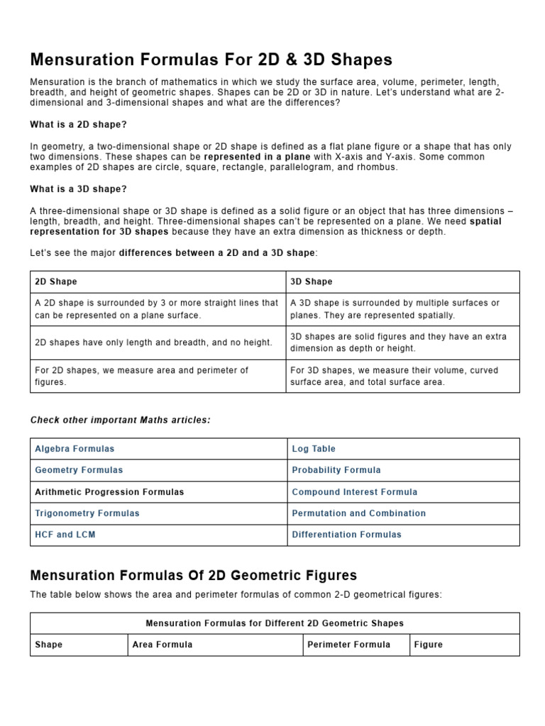 Mensuration Formulas For 2D and 3D Shapes | PDF | Area | Shape