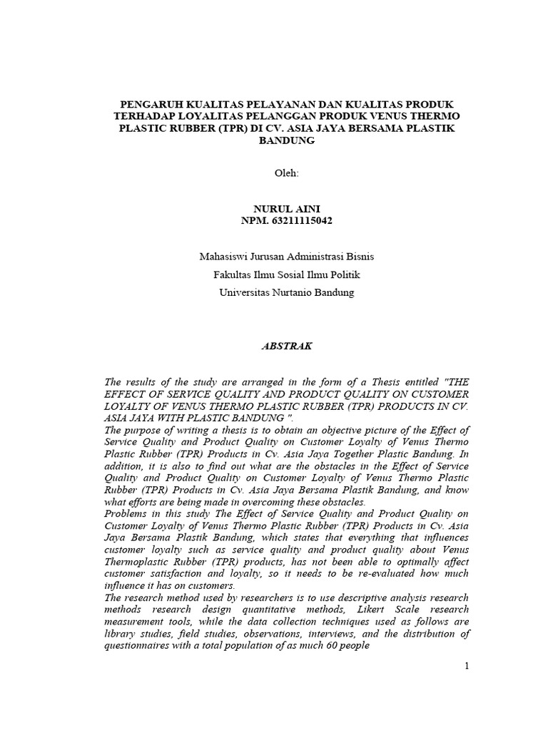 Pengaruh Kualitas Pelayanan Dan Kualitas Produk Terhadap Loyalitas ...