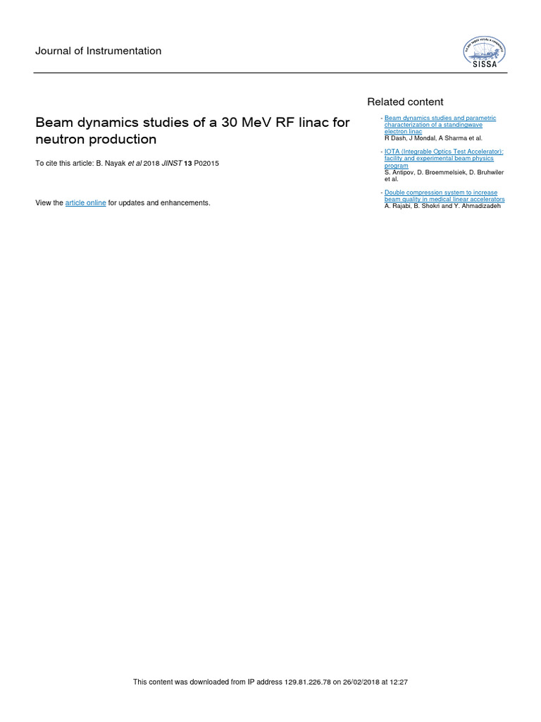30 MeV RF Linac Beam Dynamics for Neutrons | PDF | Particle Accelerator ...