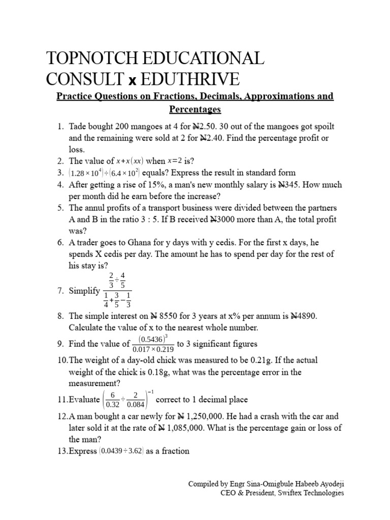 Assignment On Fractions, Decimals, Approx. and Percentages | PDF ...