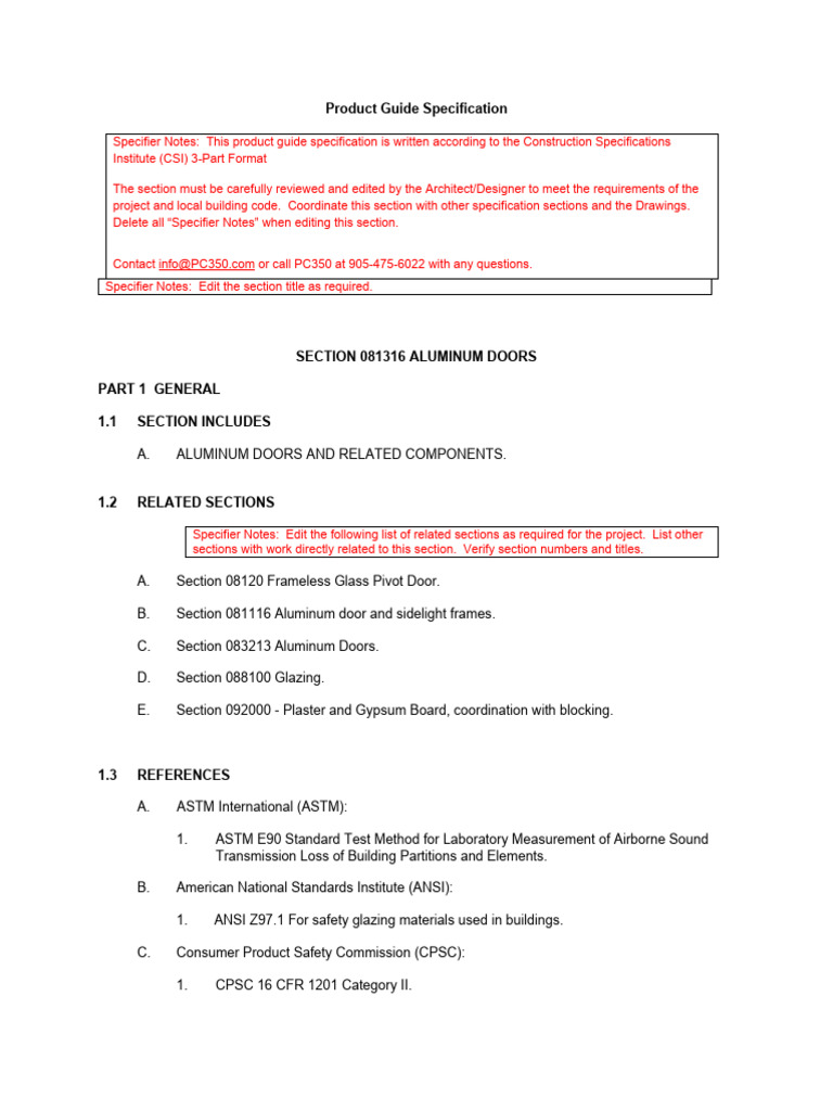 Aluminum Doors Product Guide Specification | PDF | Specification (Technical Standard) | Door