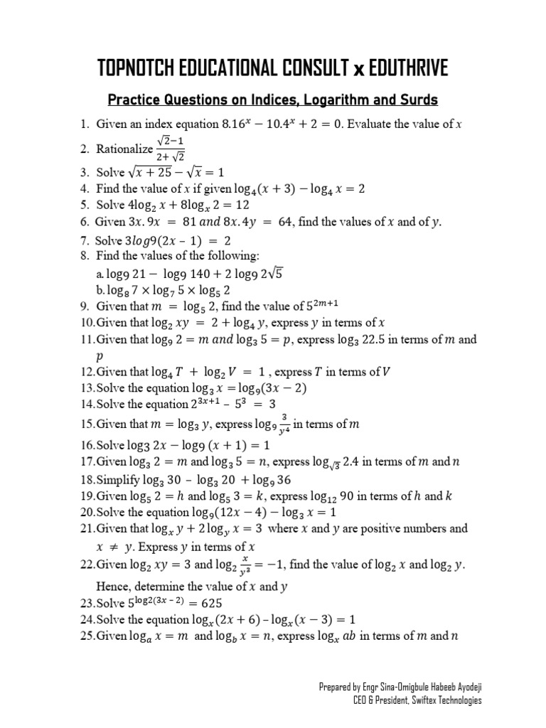 Practice Questions on Indices & Logarithms | PDF