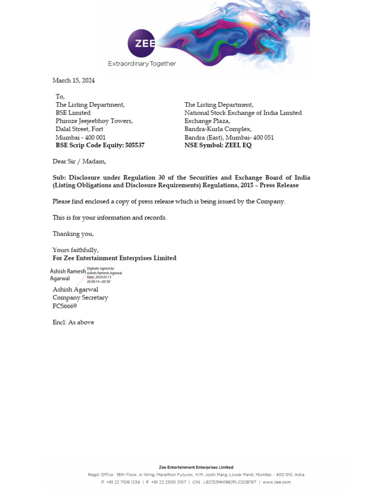 BSE Scrip Code Equity: 505537 Nse Symbol: Zeel Eq: Ashish Ramesh ...