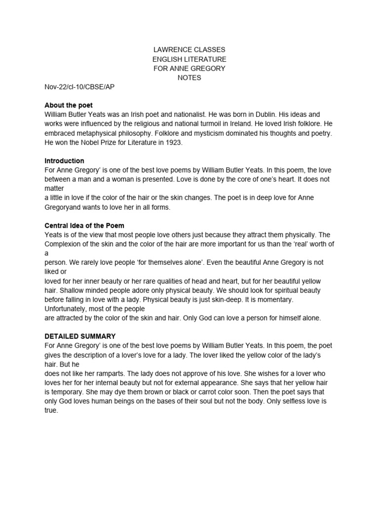 Anne Gregory Notes | PDF