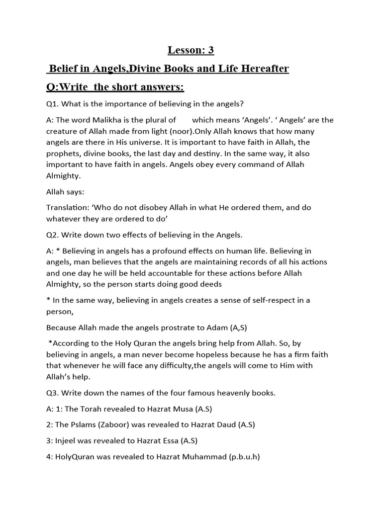 Lesson 3 Belief in Angels, Divine Books (Class 8 Islamiat) | PDF ...