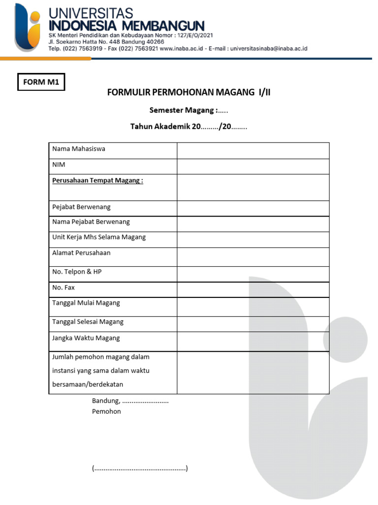 Formulir Permohonan Magang m1-m7 Universitas Inaba | PDF