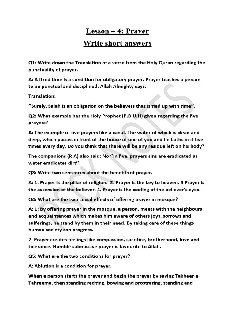 Lesson 4 Prayer (Class 8 Islamiat) | PDF