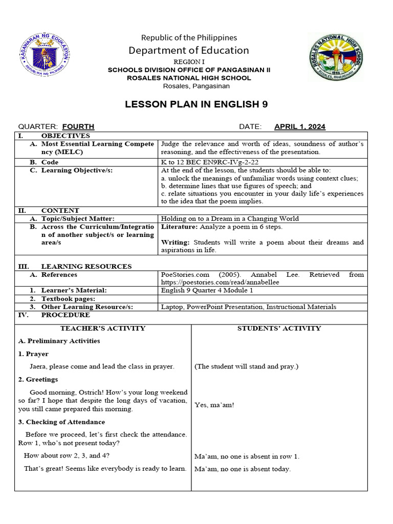 Grade 9 4th Quarter Module 1 Lesson Plan | PDF | Poetry