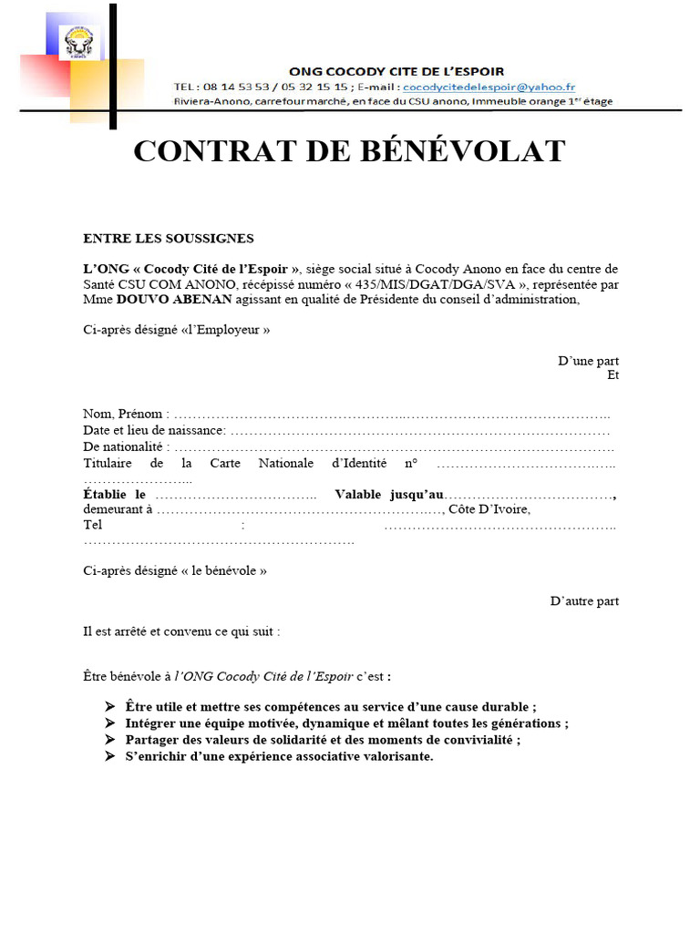 Modèle de contrat de bénévolat CCE | PDF | Bénévolat