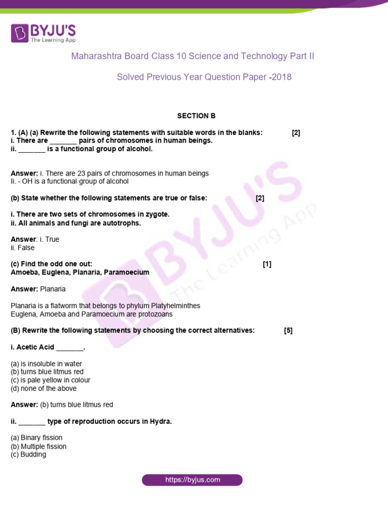 Msbshse Class 10 Science And Technology Part Ii Solved Previous Year
