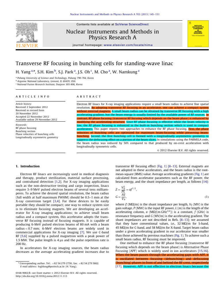 Transverse RF Focusing in Bunching Cells For Standing-Wave Linac | PDF | Particle Accelerator ...