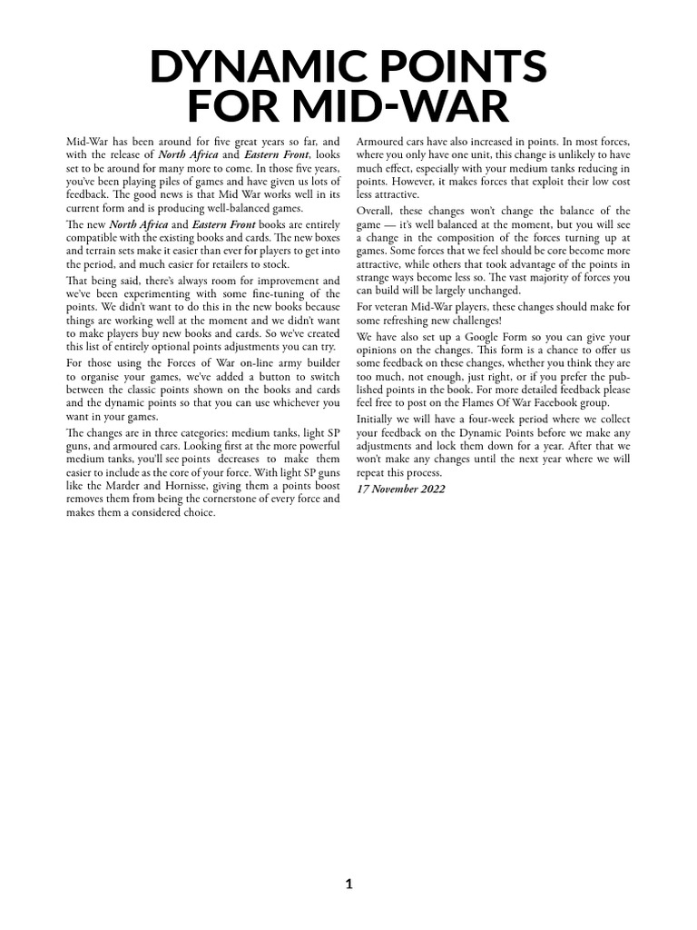 Dynamic Points Changes Flames of War Mid War | PDF | Tank Destroyer | Panzer Iv