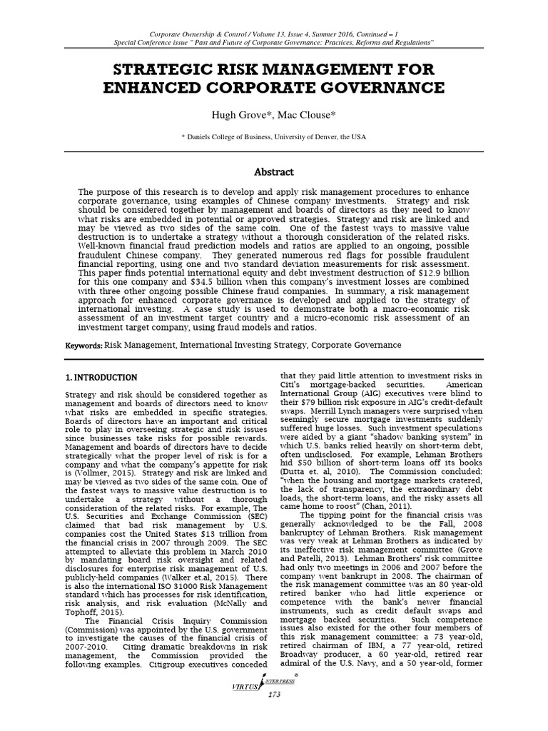 Strategic Risk Management For Enhanced Corporate Governance | PDF | Investing | Risk