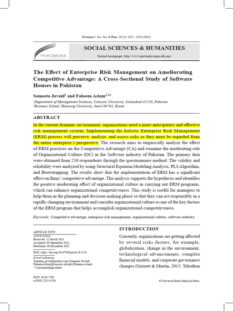 The Effect of Enterprise Risk Management On Ameliorating Competitive ...