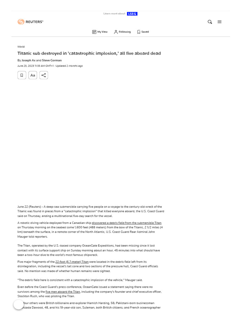 Titanic sub destroyed in 'catastrophic implosion,' all five aboa | PDF