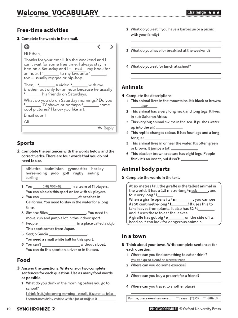 Synchronize2 TRB Worksheets Welcome Unit Challenge Vocabulary | PDF