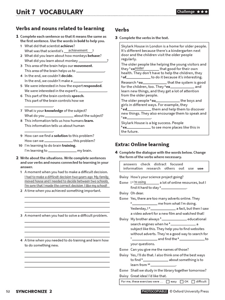 Synchronize2 TRB Worksheets Unit 7 Challenge Vocabulary | PDF | Subject (Grammar) | Verb
