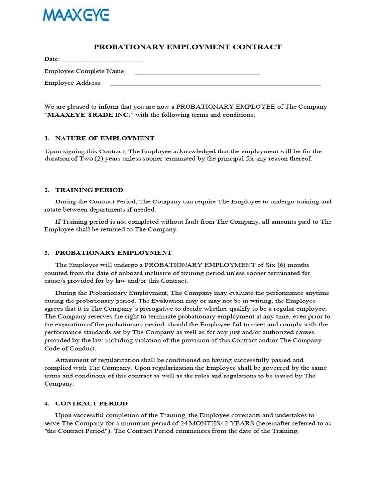 Probationary Employment Contract John Kenneth M. Macaraig | PDF ...