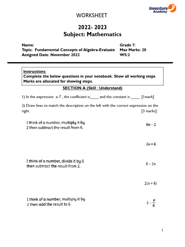 Grade 7 Algebra Evaluation Worksheet | PDF | Length | Numbers