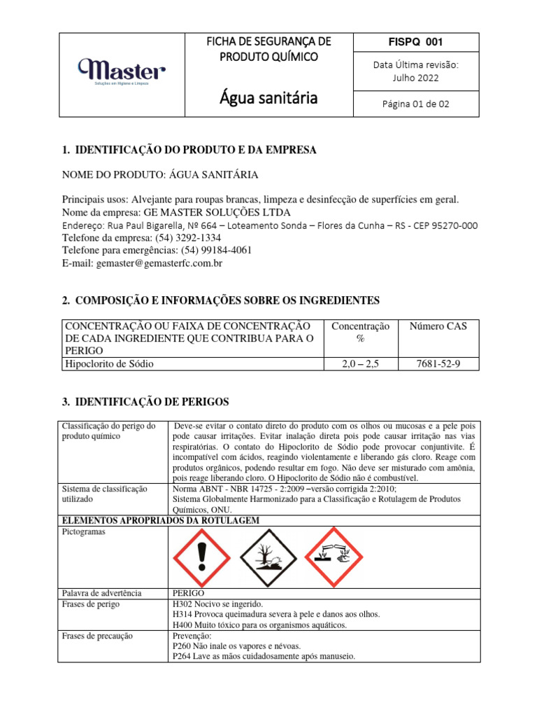 FISPQ Água Sanitária - Segurança e Uso | PDF | Cloro | Águas residuais