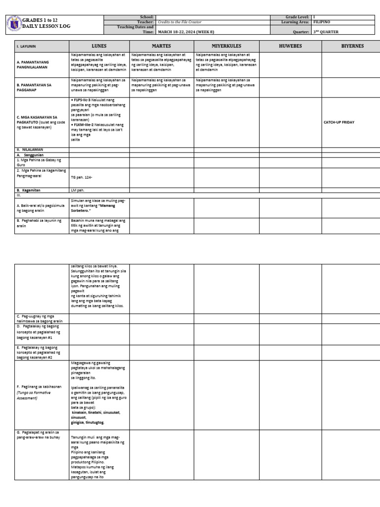 DLL - Filipino 1 - Q3 - W8 | PDF