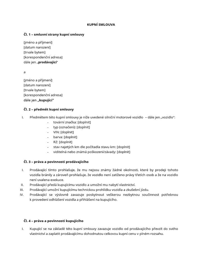 Srovnejto Vzor Kupni Smlouva Vozidlo | PDF