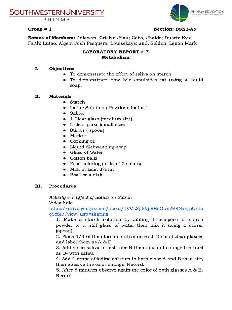 Group 1 Lab Report 7 | PDF | Surfactant | Starch