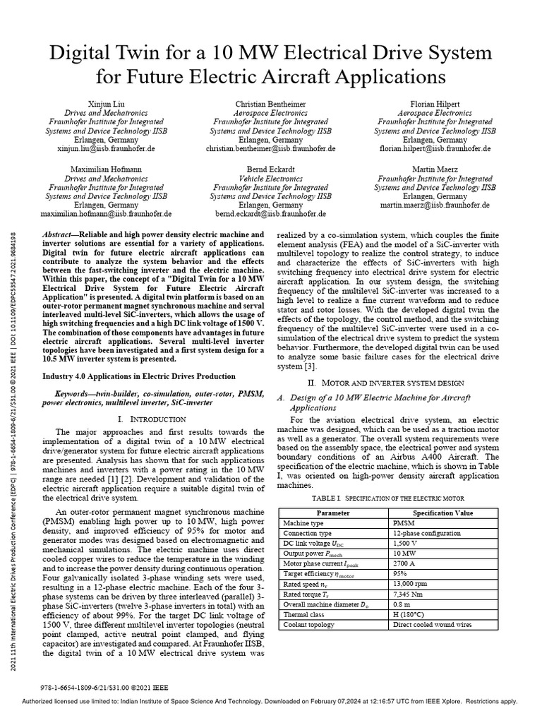 Digital Twin for 10 MW Electric Aircraft | PDF | Electric Motor | Power ...