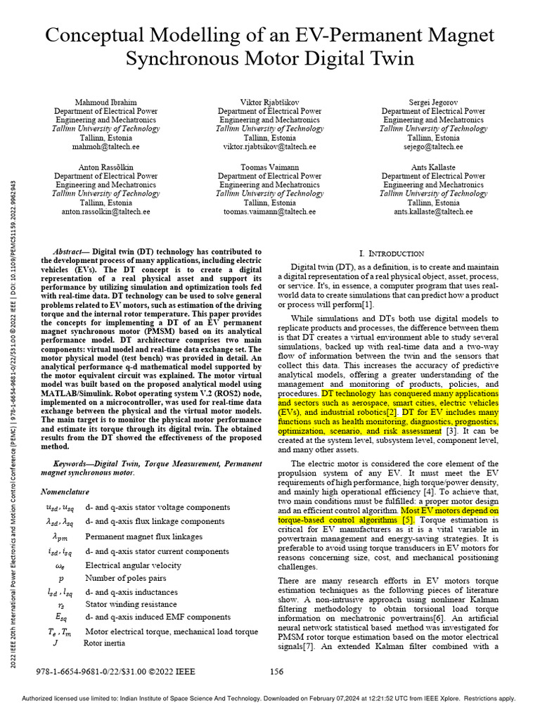 Conceptual Modelling of An EV-Permanent Magnet Synchronous Motor Digital Twin | PDF | Electric ...