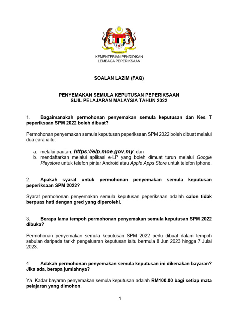 FAQ Berkaitan Penyemakan Semula Peperiksaan SPM 2022 | PDF FAQ Berkaitan Penyemakan Semula Peperiksaan SPM 2022 | PDF