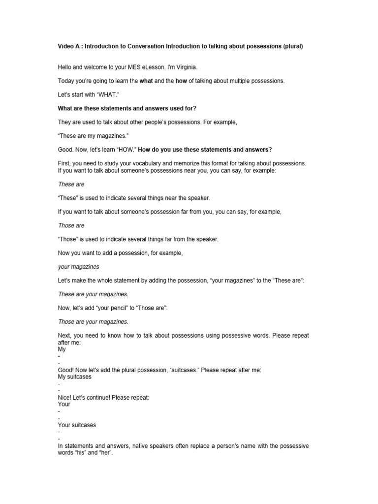 Possession Talk for ESL Learners | PDF | Linguistics | Human Communication