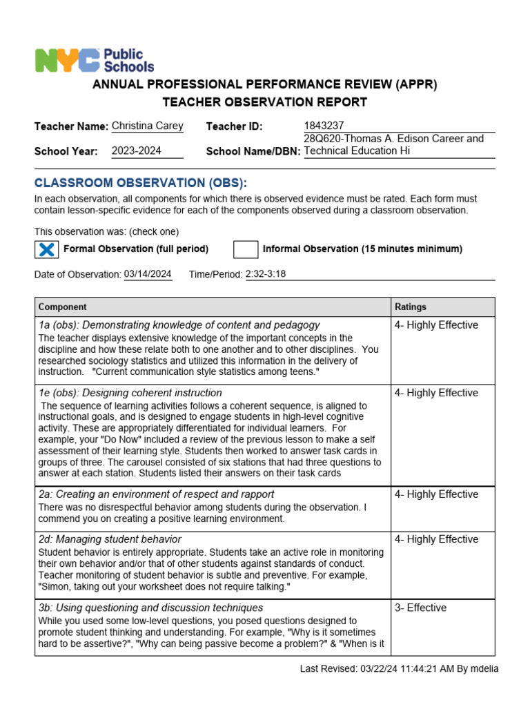 Annual Professional Performance Review (Appr) Teacher Observation ...