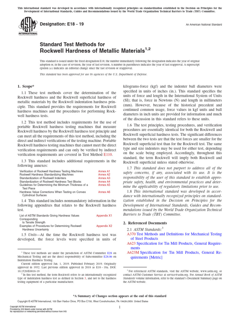 ASTM E18 (2019) - Part1 | PDF | Hardness | Metrology