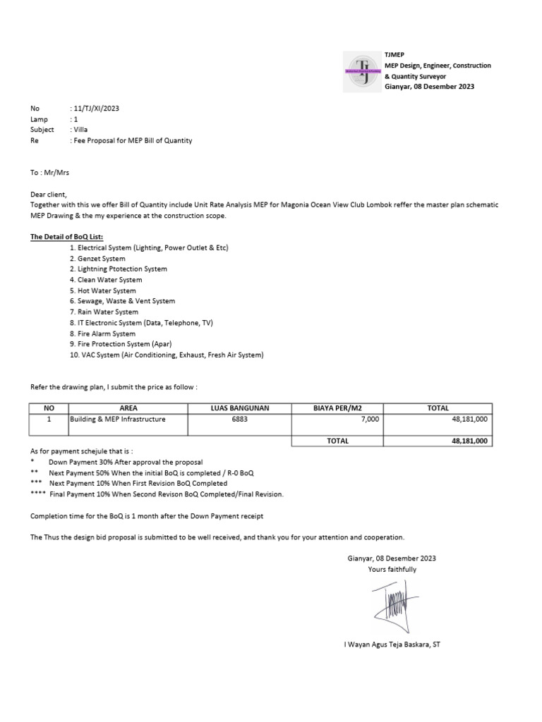 MEP Fee Proposal for Villa BoQ | PDF | Technology & Engineering