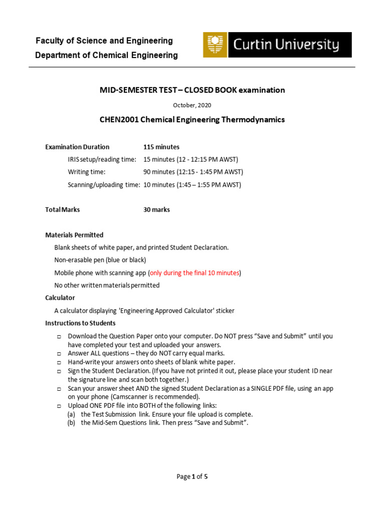 Test 1 - 2020 - Solution | PDF | Chemical Reactions | Heat