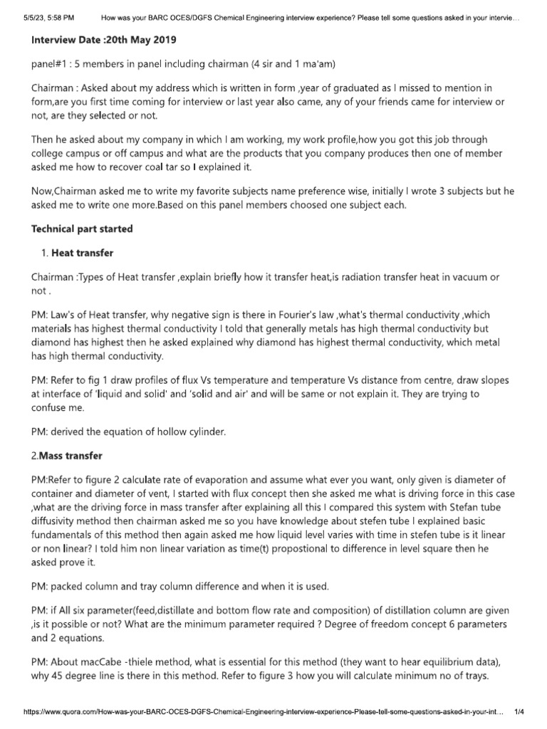 4-Quora BARC Chemical Engineering Interview Exp. | PDF