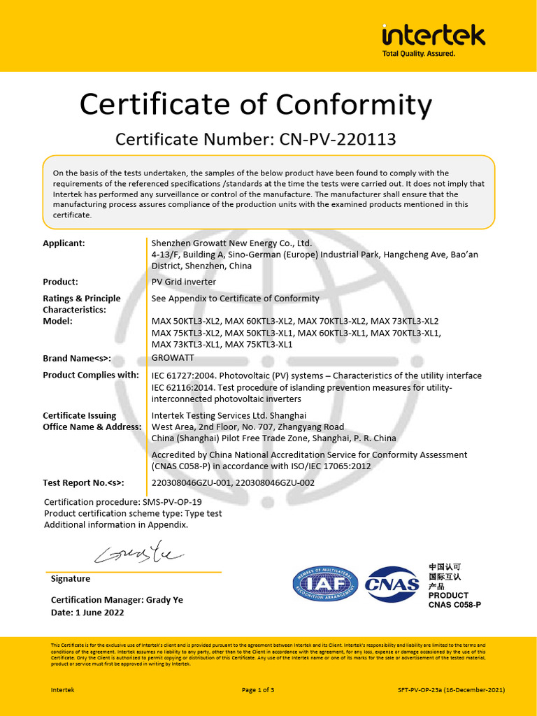 IEC 62116 IEC61727 Certificate | PDF | Electrical Engineering | Electricity
