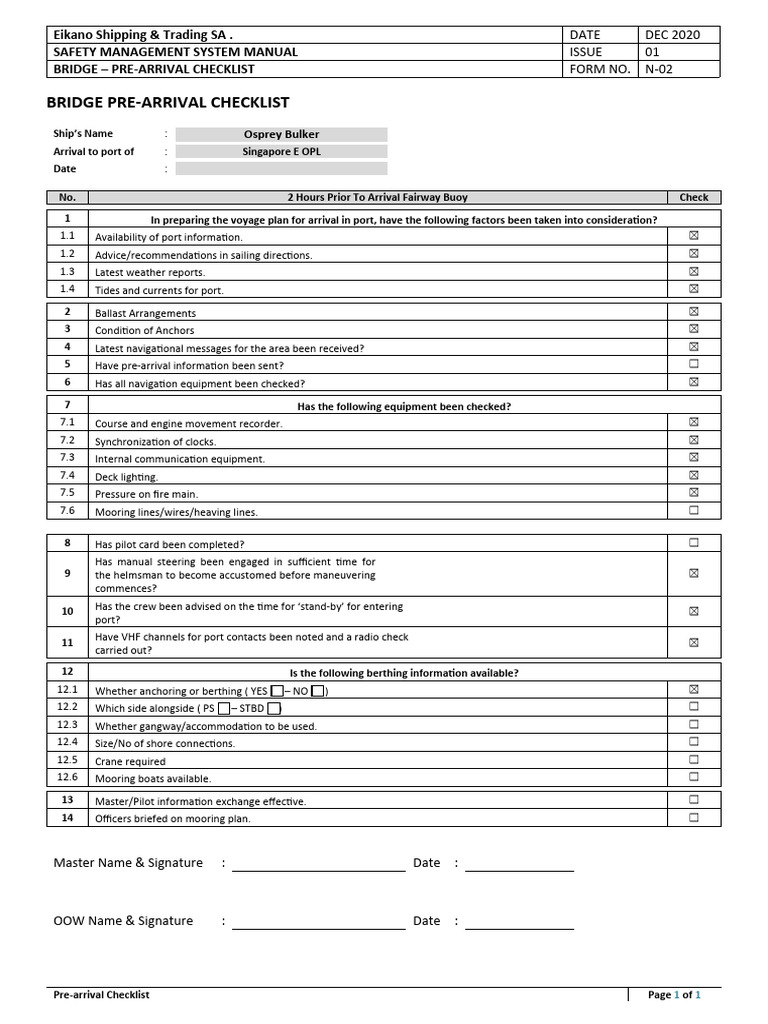 N 02 Pre Arrival Checklist | PDF | Shipping | Watercraft