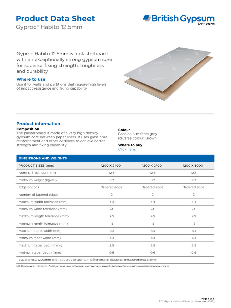 British Gypsum PDS Gyproc Habito 12 5mm | PDF | Drywall | Building Engineering