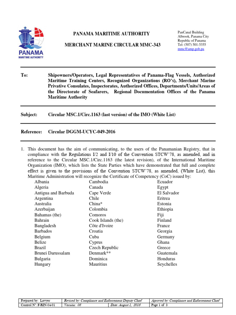 MMC 343 Circular MSC.1 Circ.1163 Last Version of The IMO White List | PDF