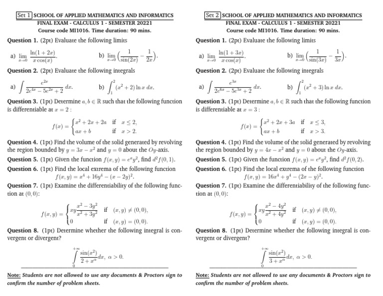 Calculus 1 Final Exam Questions | PDF | Mathematical Analysis ...