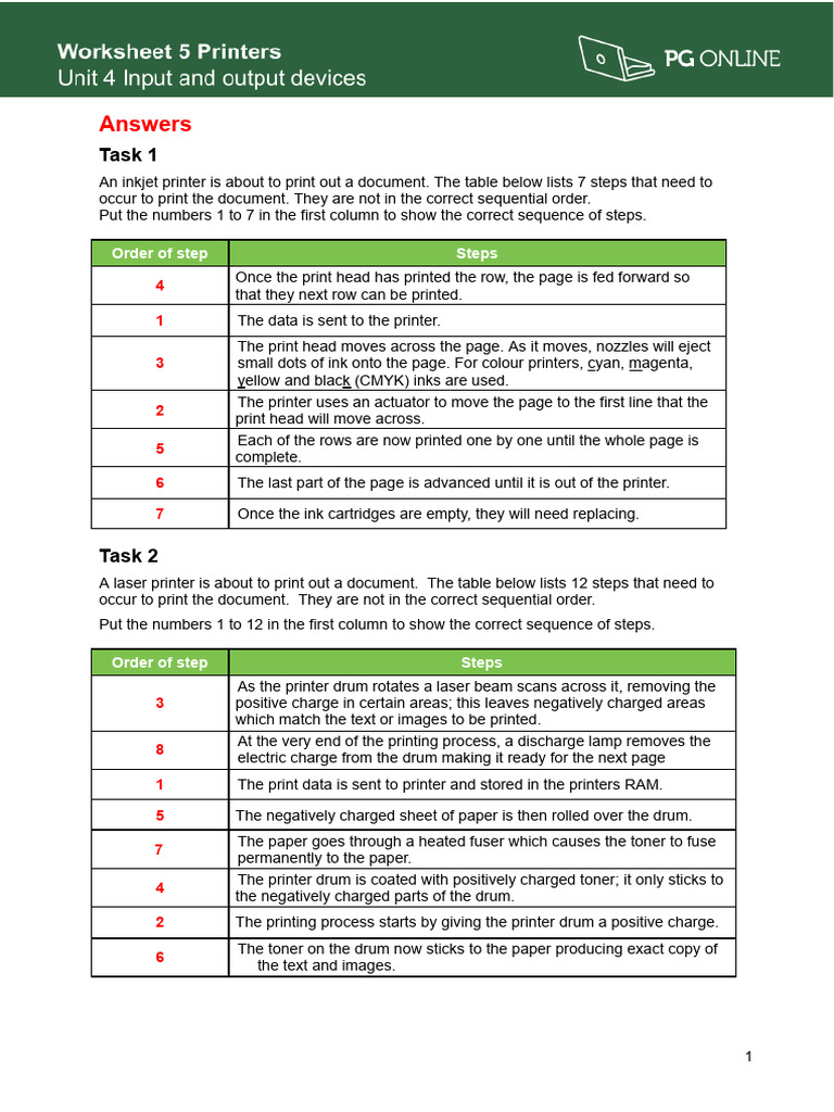 T5 Worksheet 5 Printers Answers | PDF | Printer (Computing) | 3 D Printing