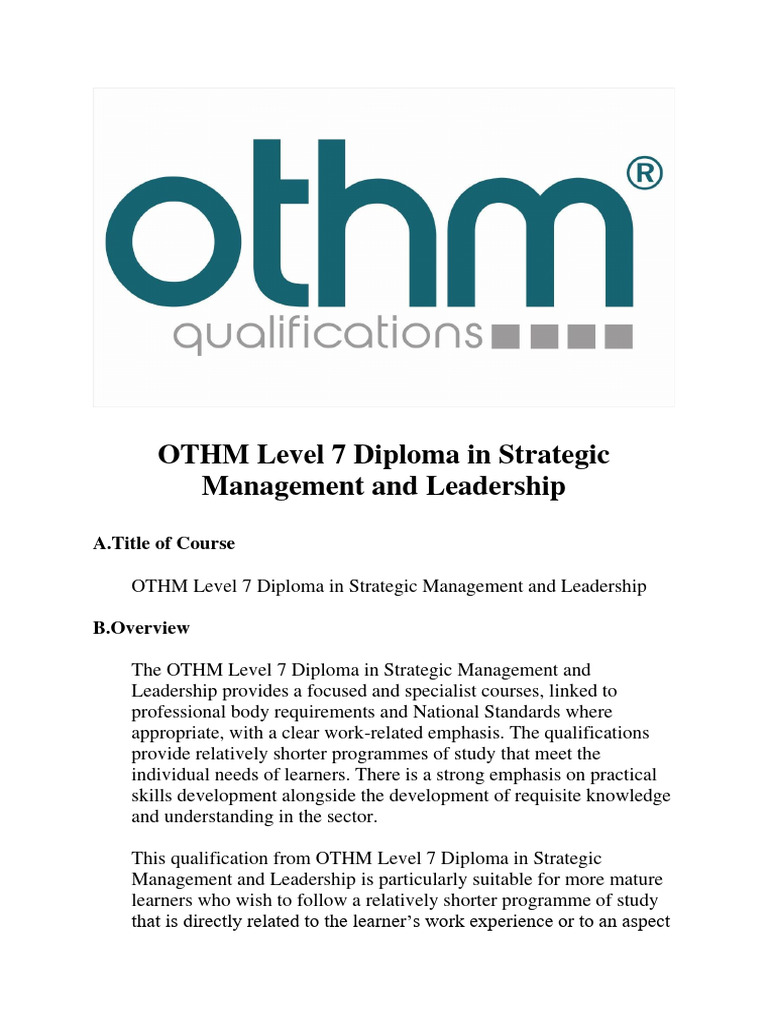 OTHM Level 7 Diploma in Strategic Management and Leadership $8,000 ...