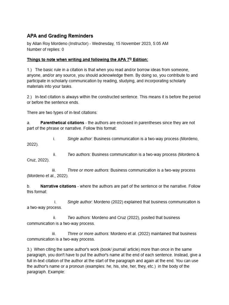 APA and Grading Reminders | PDF | Citation | Apa Style