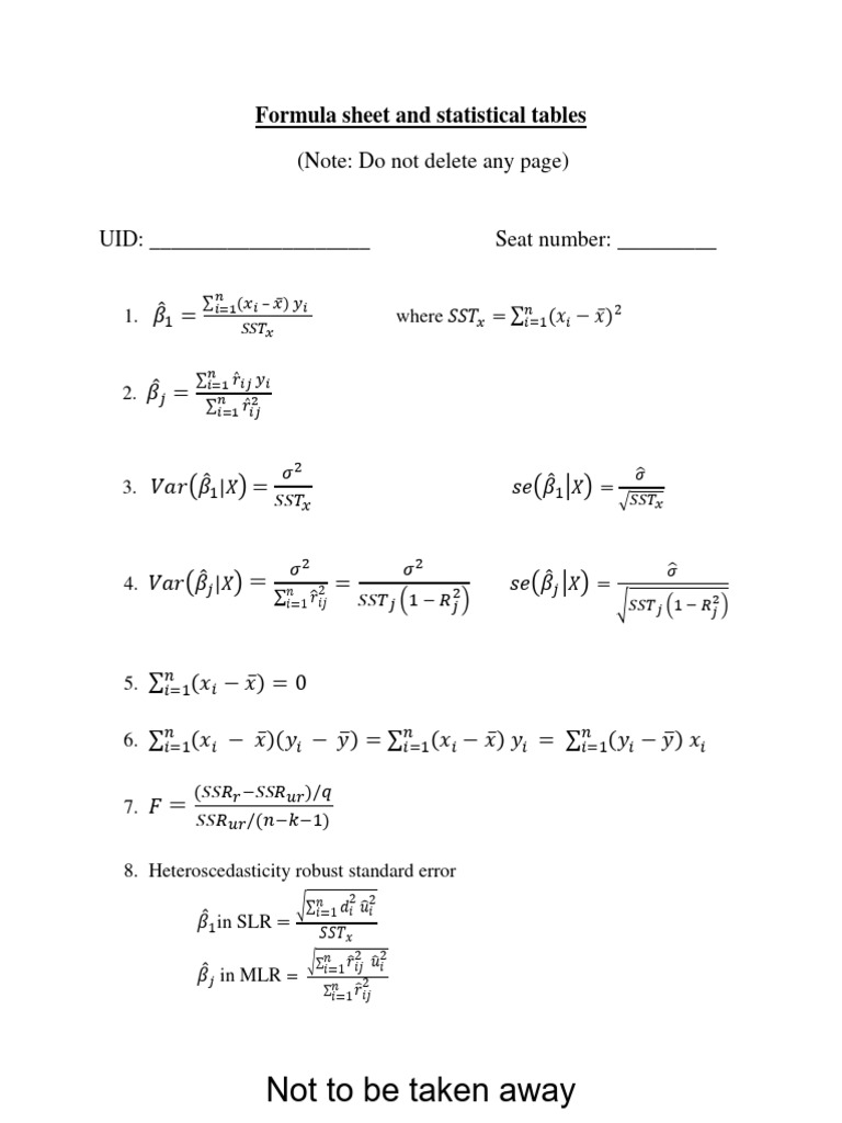 Formula sheet and stat tables for final exam 2023-24 | PDF | Statistical Theory | Statistical ...