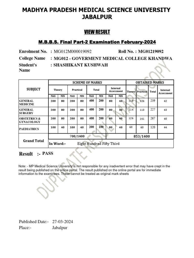 MPMSU MBBS Final Part2 MarksheetStudent R19 | PDF