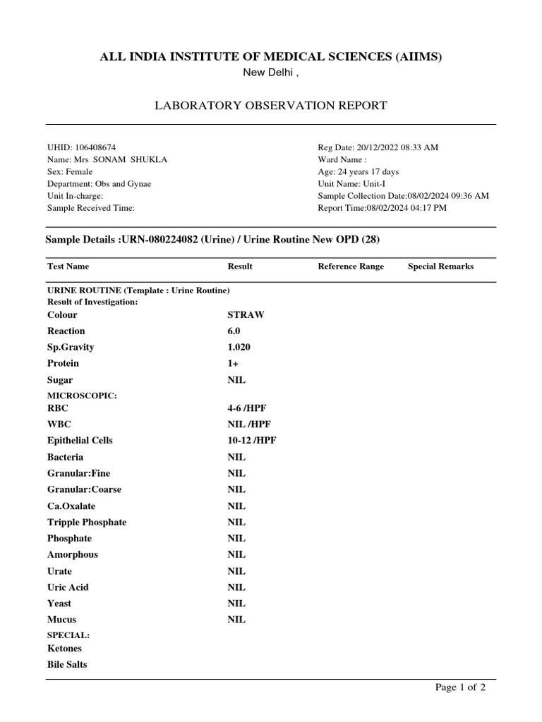 Urine Routine Lab Report for Mrs. Shukla | PDF